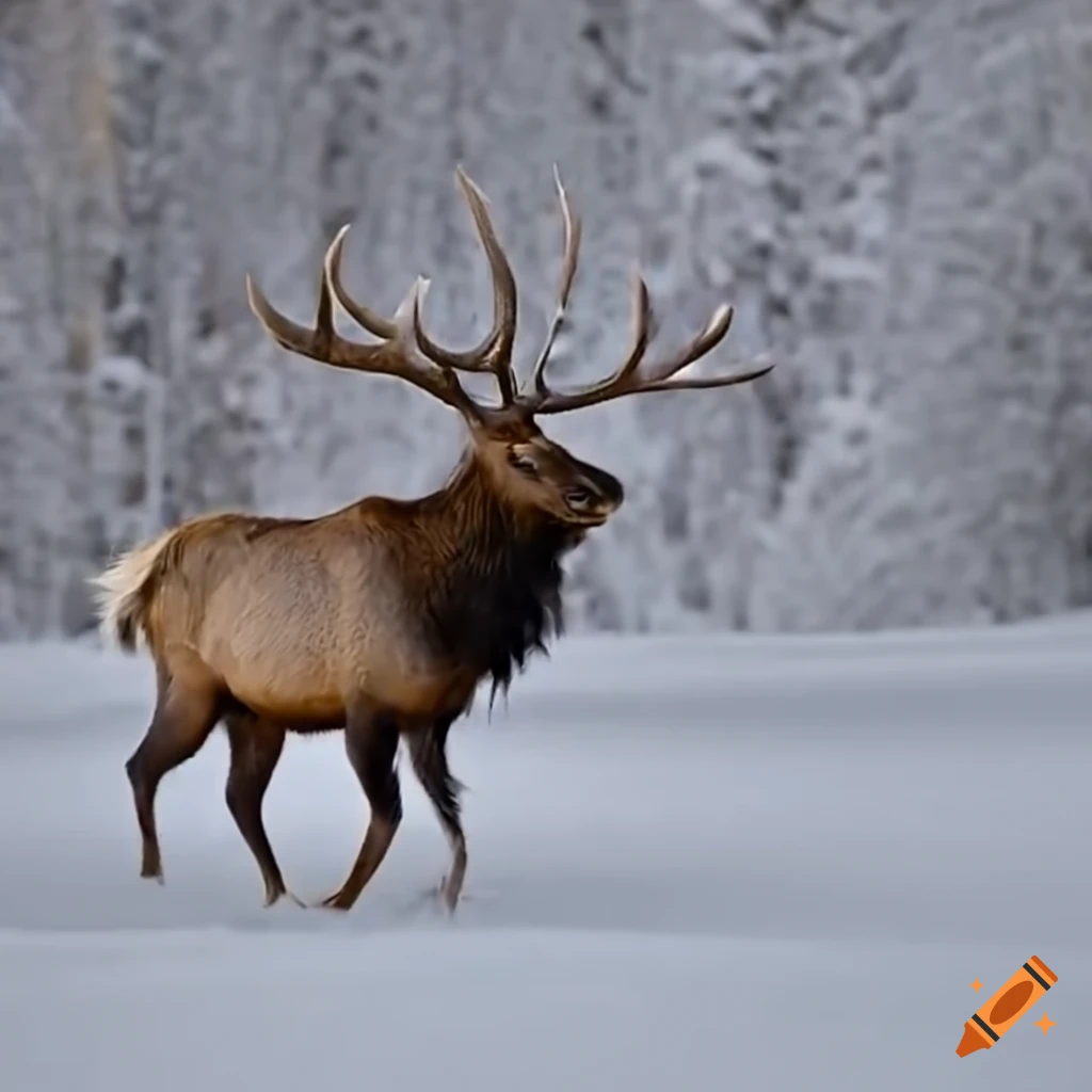 Elk running in snow-covered field on Craiyon
