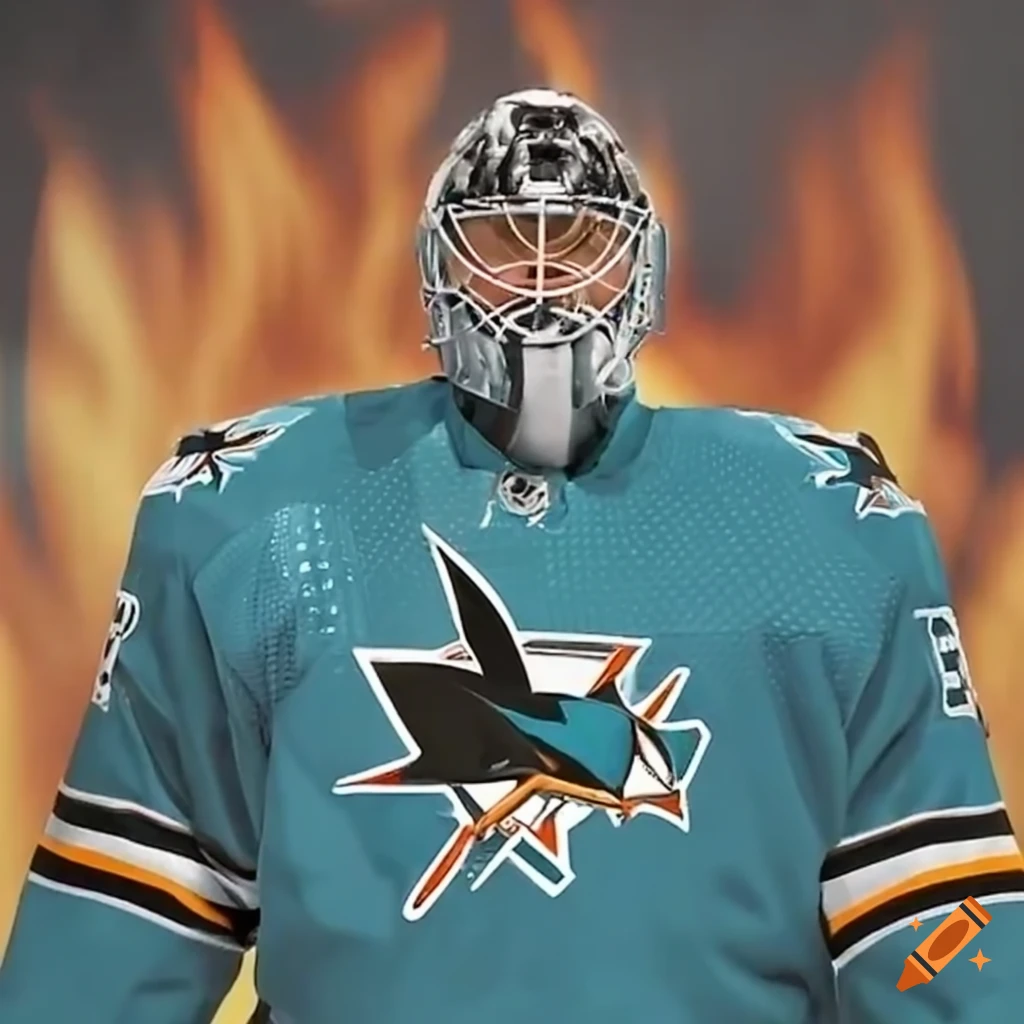 San josé sharks goalie standing in front of fire on Craiyon