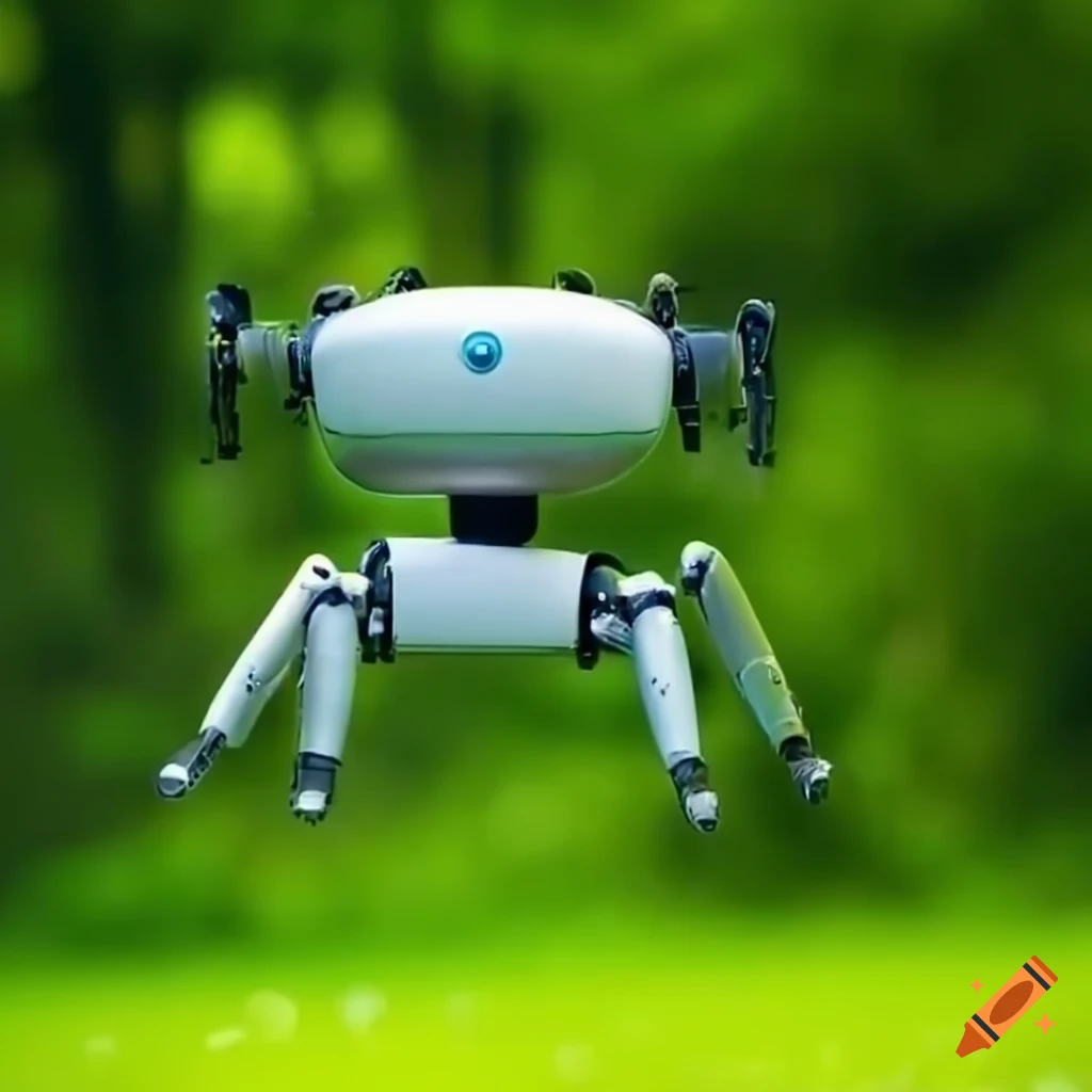 Hopping robot doing maintenance in a green countryside on Craiyon