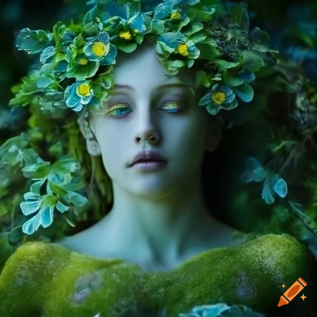 Moss-covered ancient goddess of vegetation in a luxurious forest ...