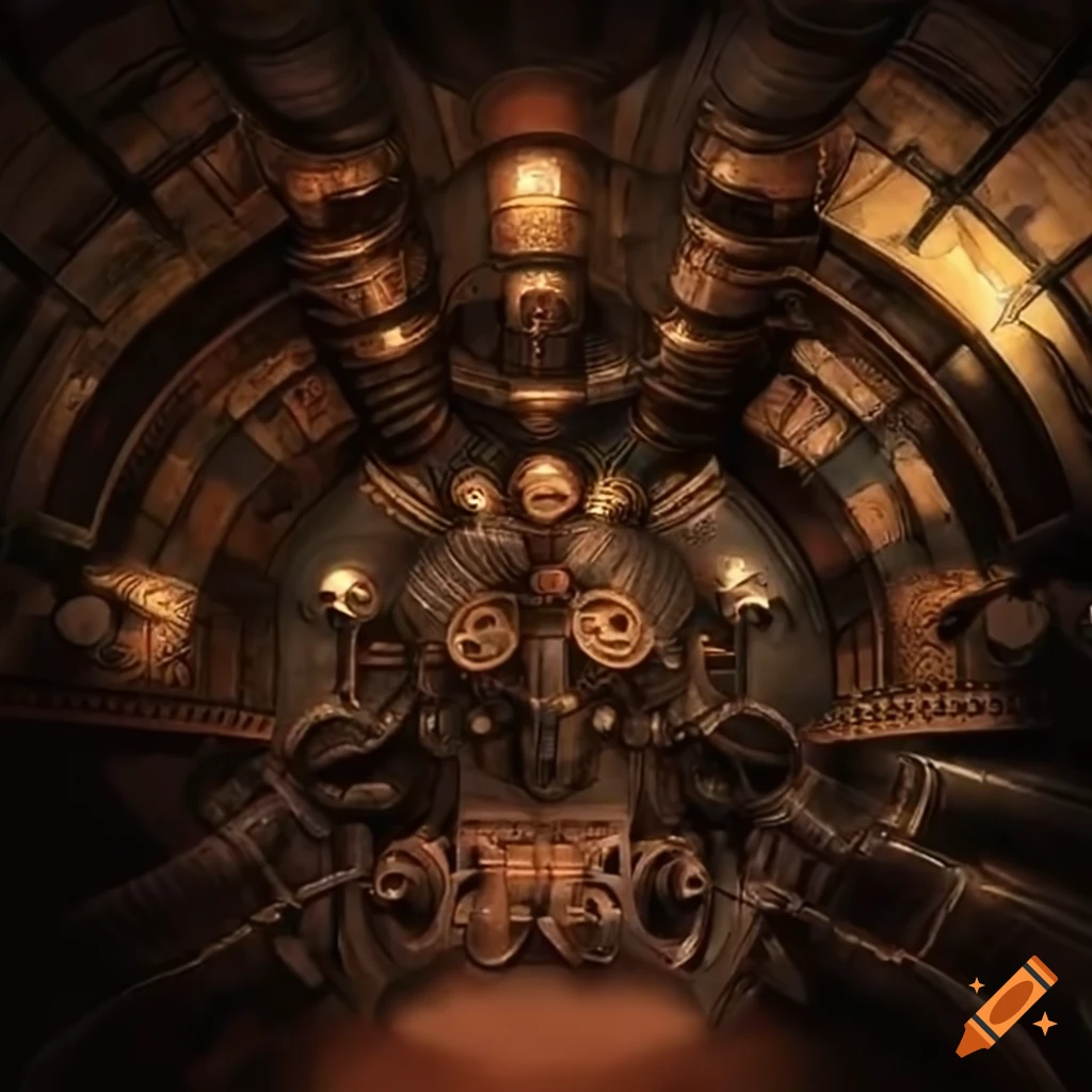 Intricately designed steampunk engine room from a top-down view on Craiyon