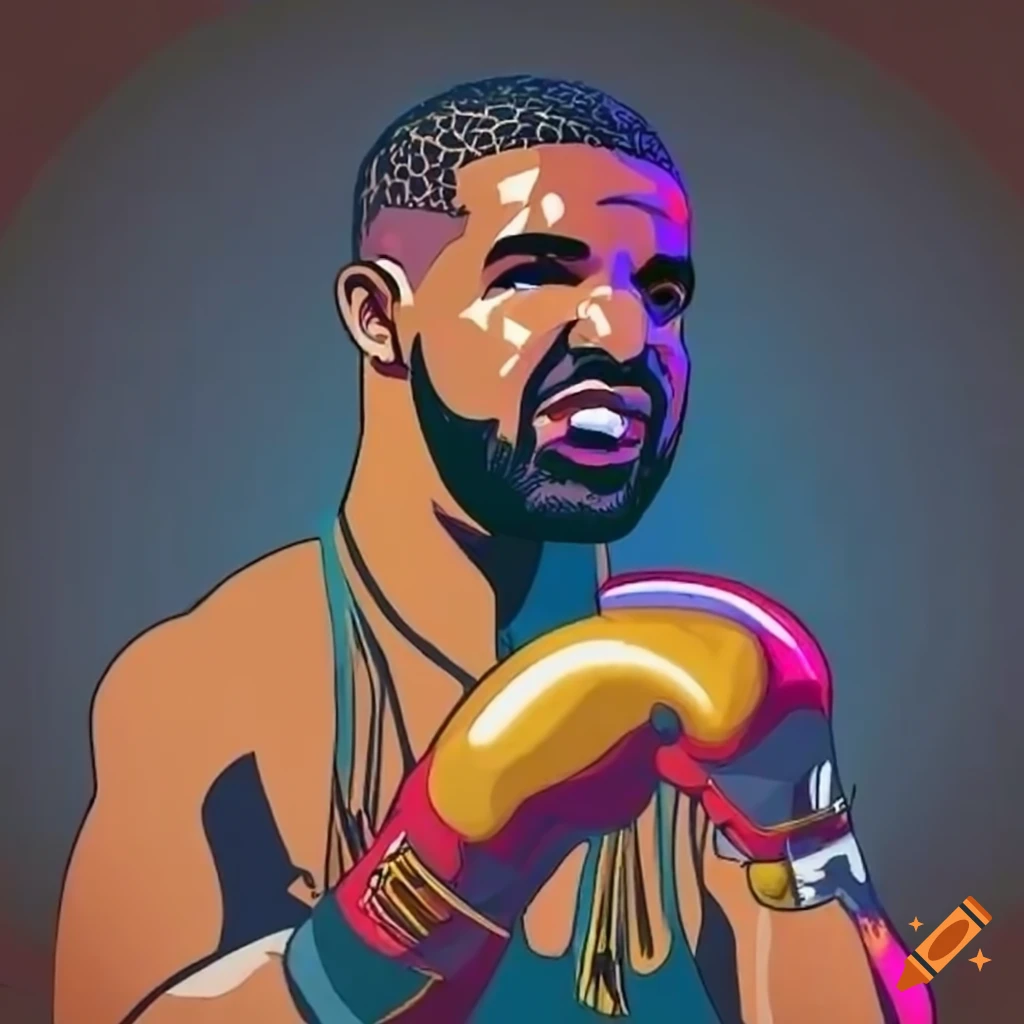 Cartoon of rapper drake in a boxing ring with boxing attire on Craiyon