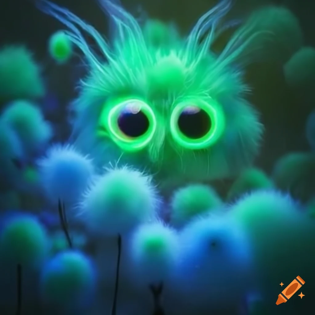 Blue forest with bright green glowing fuzzy creatures with eyes on Craiyon