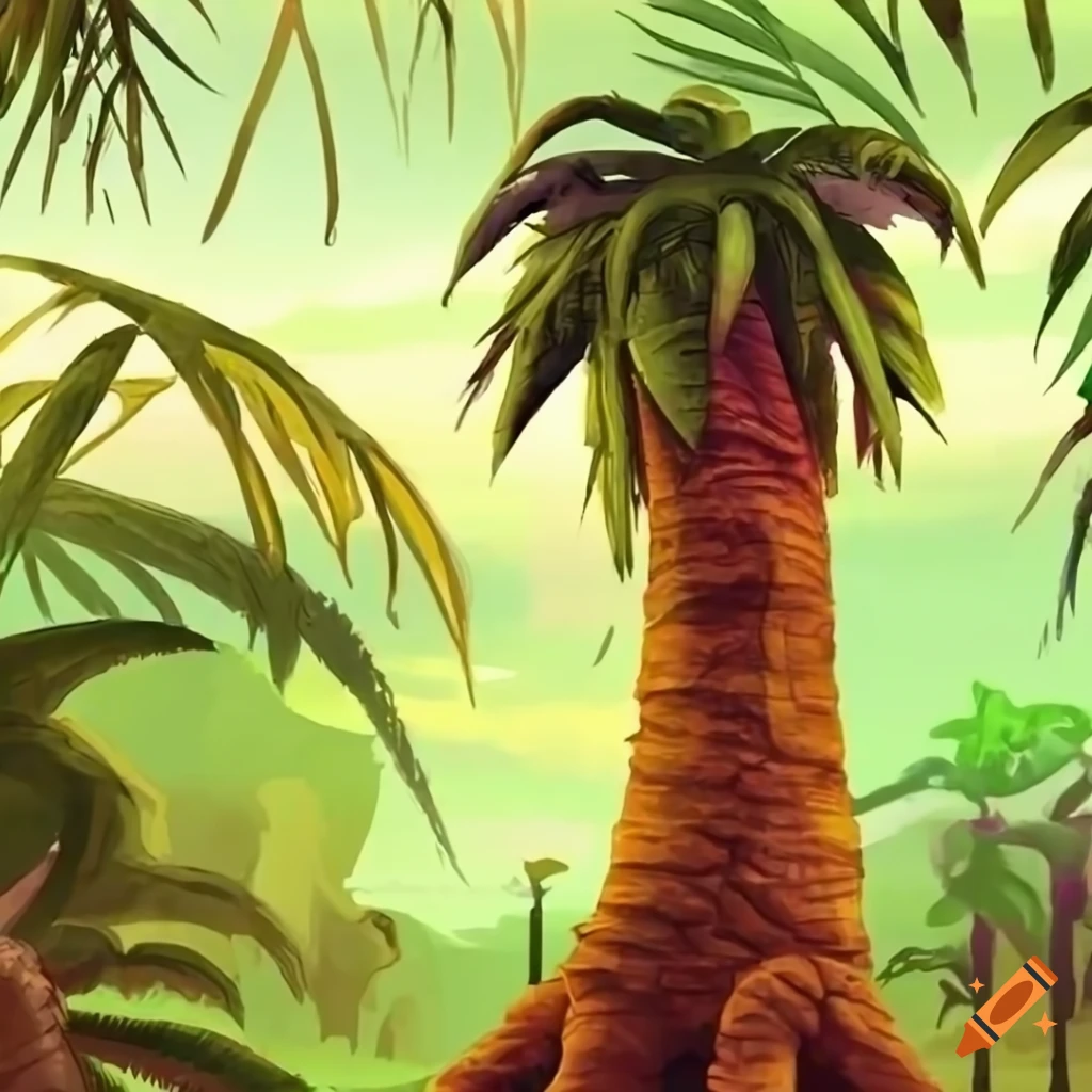 Palm tree scene with a prehistoric theme on Craiyon