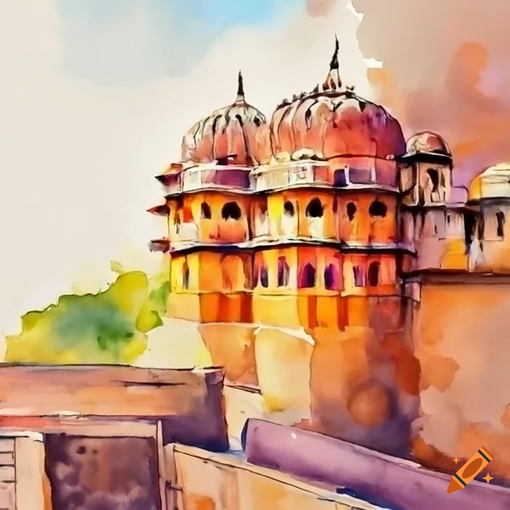 Exquisite acrylic painting of jaipur's fort being created on Craiyon