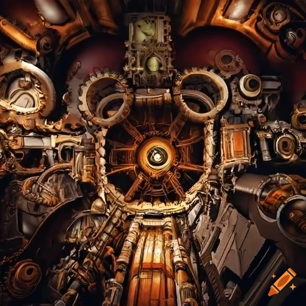 Intricately designed steampunk engine room from a top-down view on Craiyon