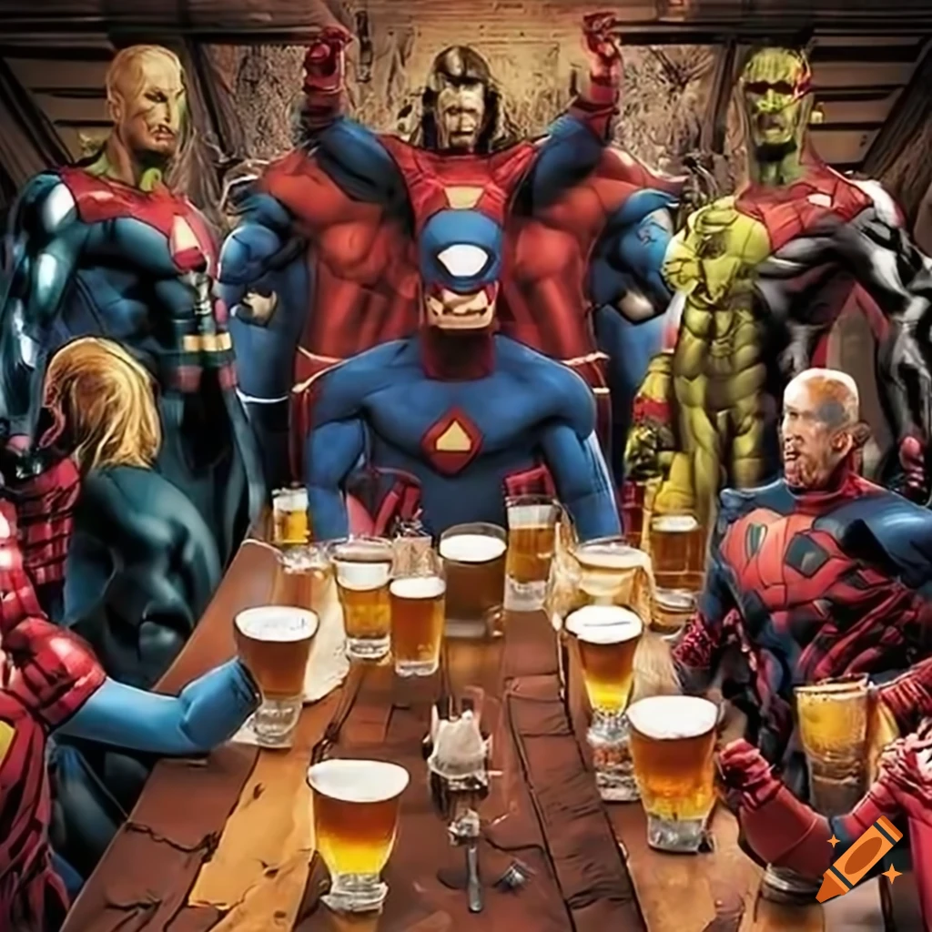 Superheroes and villains from Marvel having beers together on Craiyon