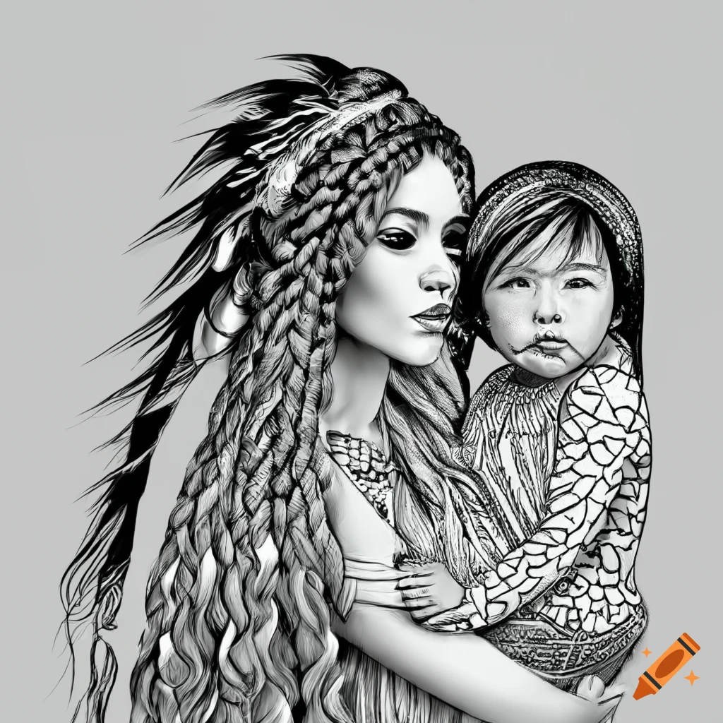 Native mother bonding with child in black and white art style on Craiyon