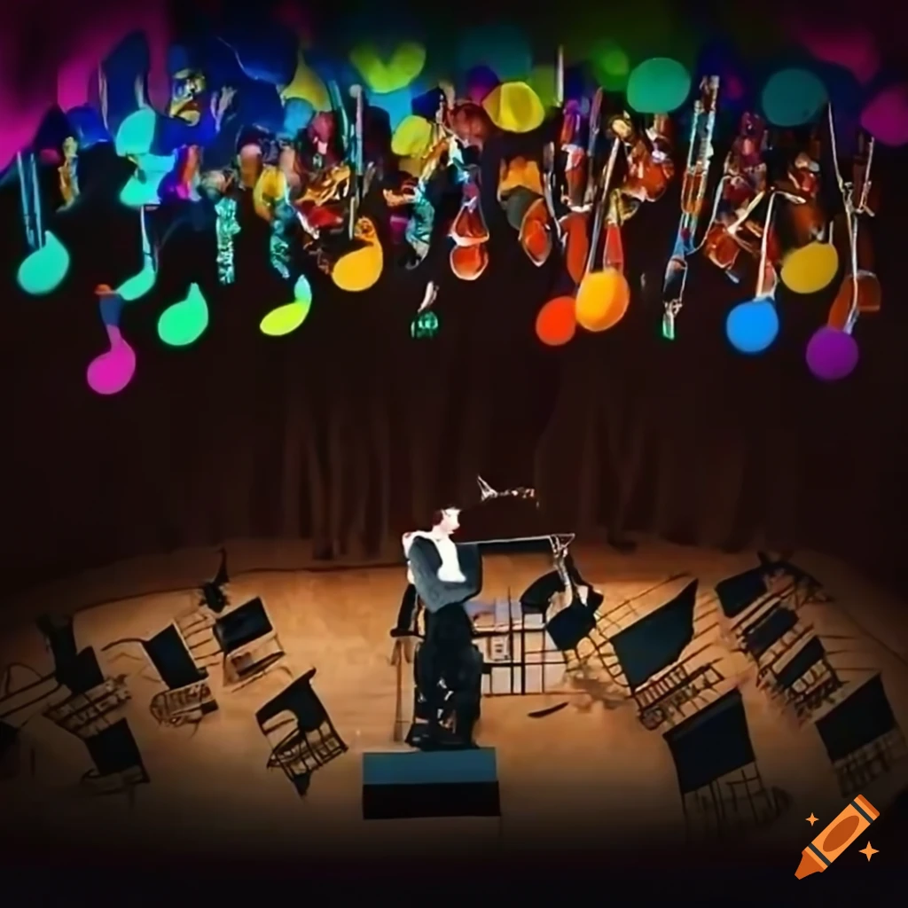 Orchestra playing powerful and inspiring music with colorful symphonies ...