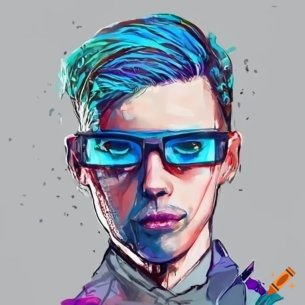 Developer with glasses in digital art on white background with blue ...