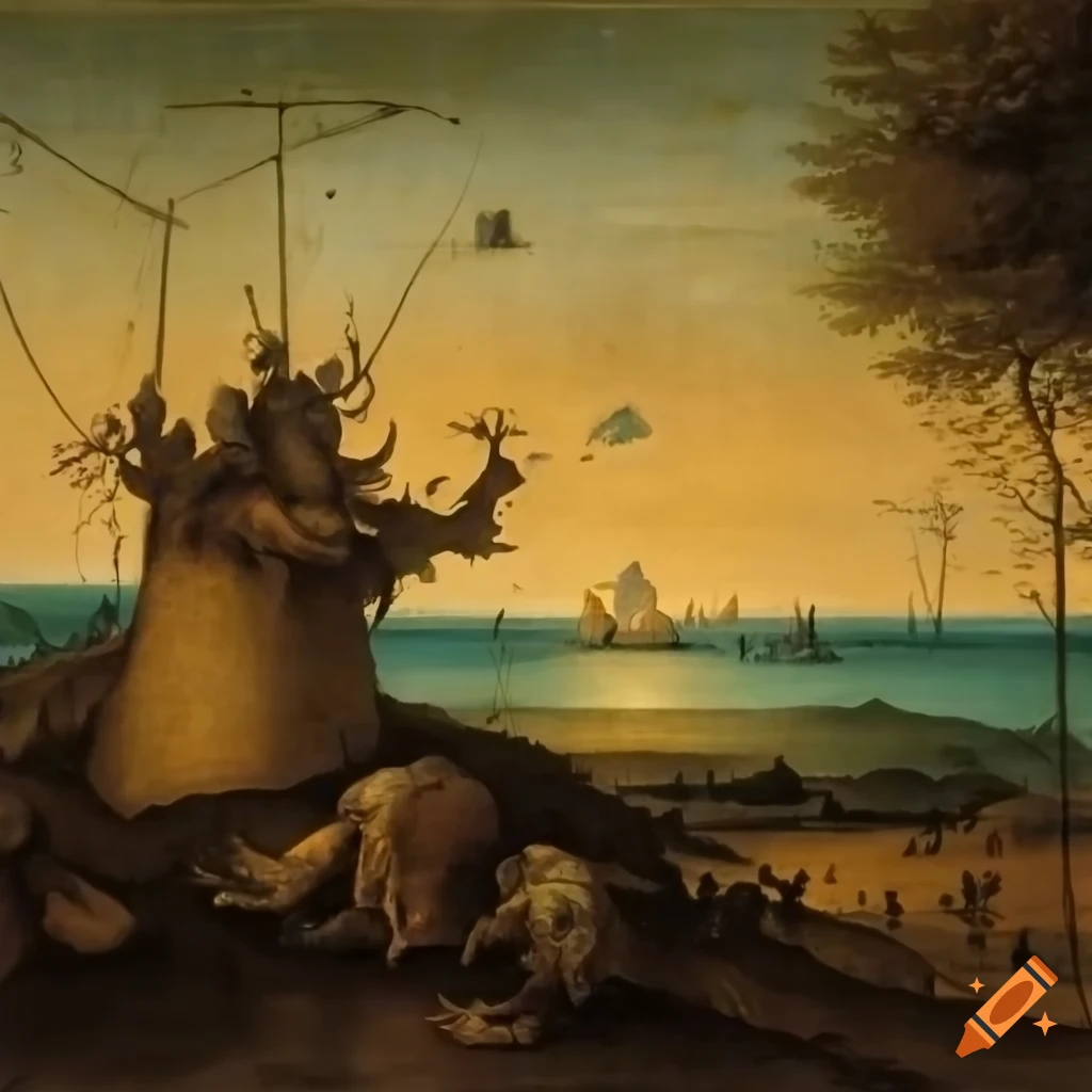 Painting by Jérôme Bosch depicting a sun over a picturesque landscape ...