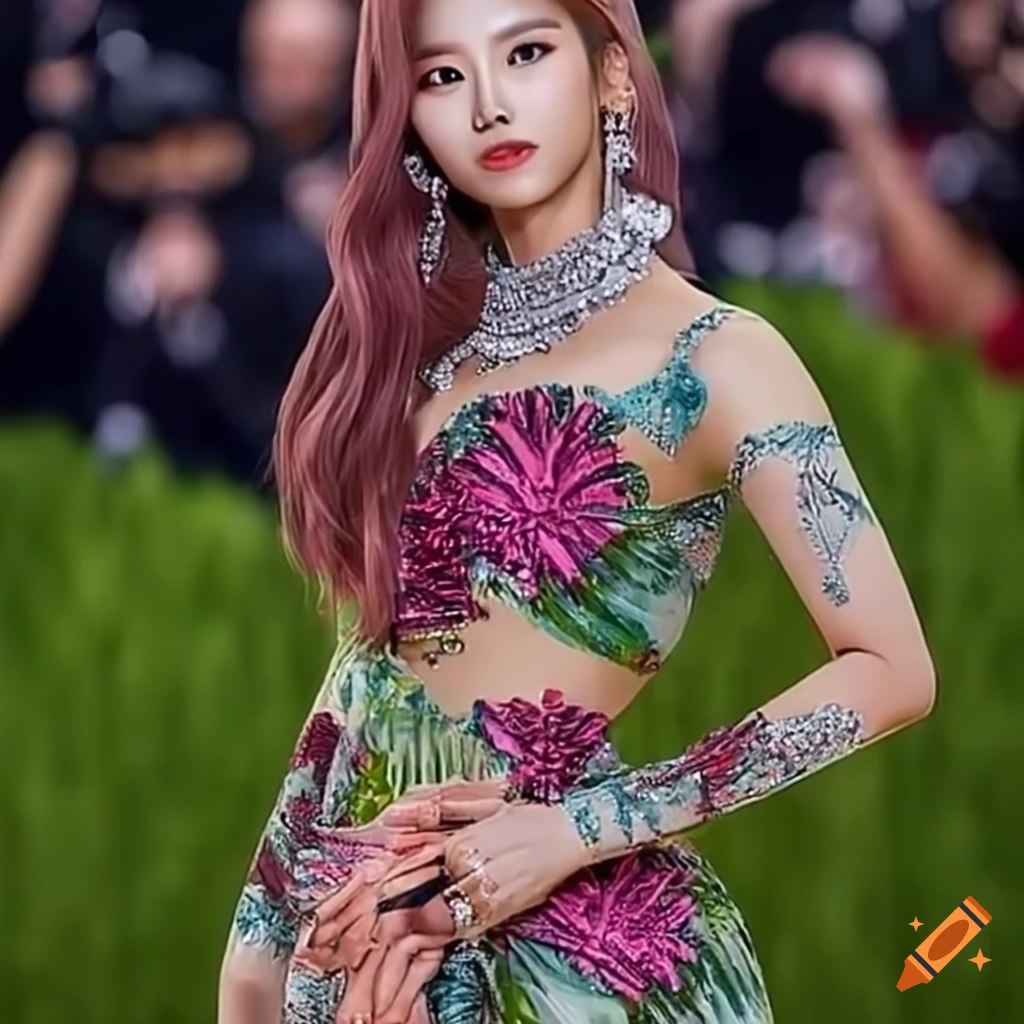 Twice sana in met gala tropical prints full body outfit on Craiyon