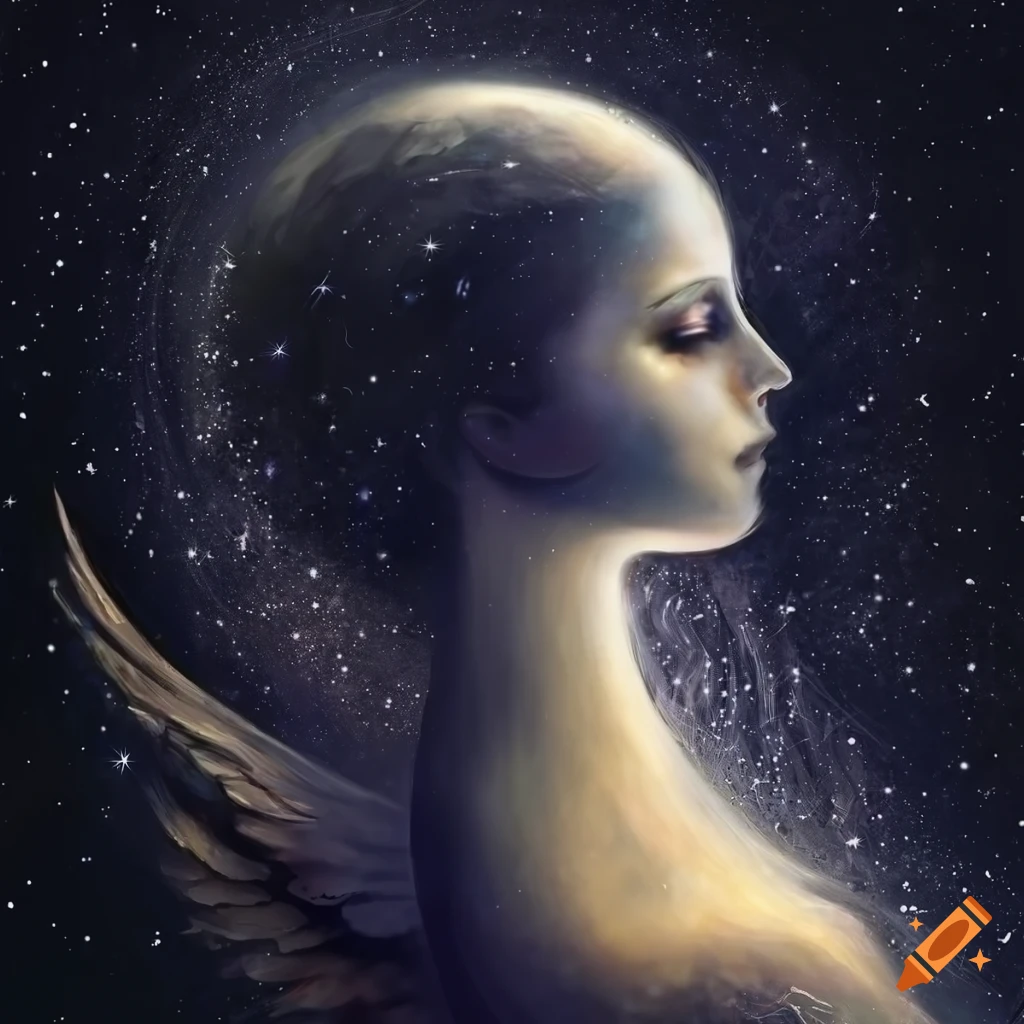 Symbolist style painting of a mysterious angel in shadows with stars ...