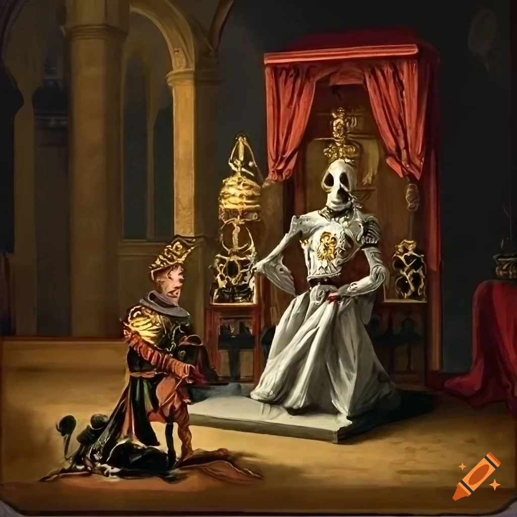 Royal court with a skeleton wizard king on throne and kneeling nobles ...