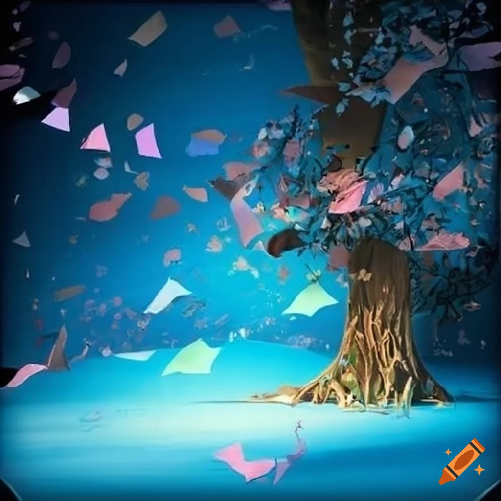 Sheet of paper full of notes dancing under a tree on Craiyon