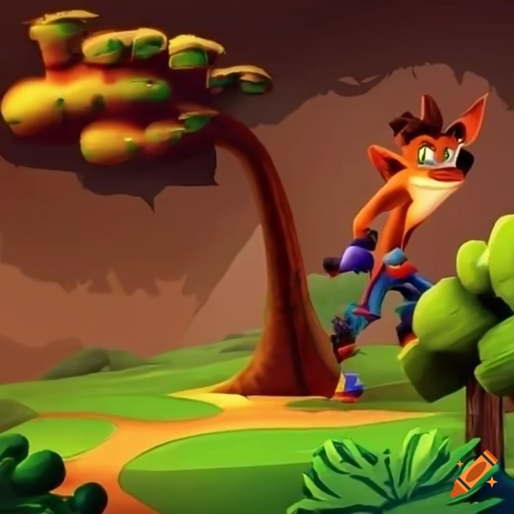 Crash bandicoot in a whimsical scene with trees, boxes, and a giraffe ...