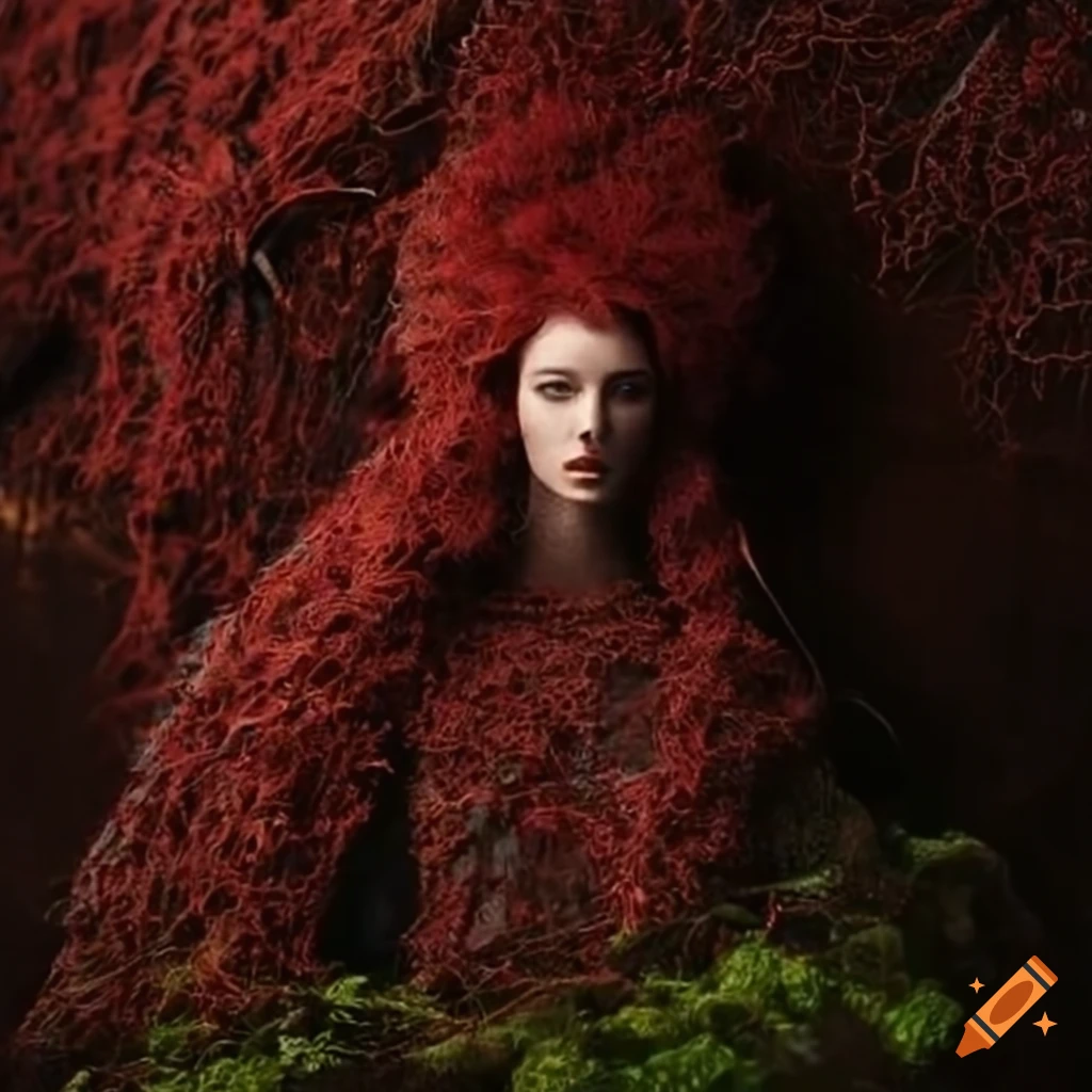 Person covered in red moss and vines on Craiyon