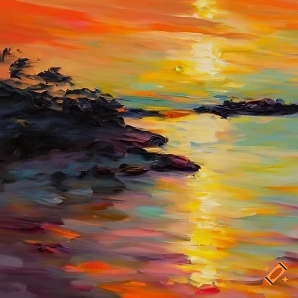 Impressionist oil painting of a stunning beach at sunset on Craiyon