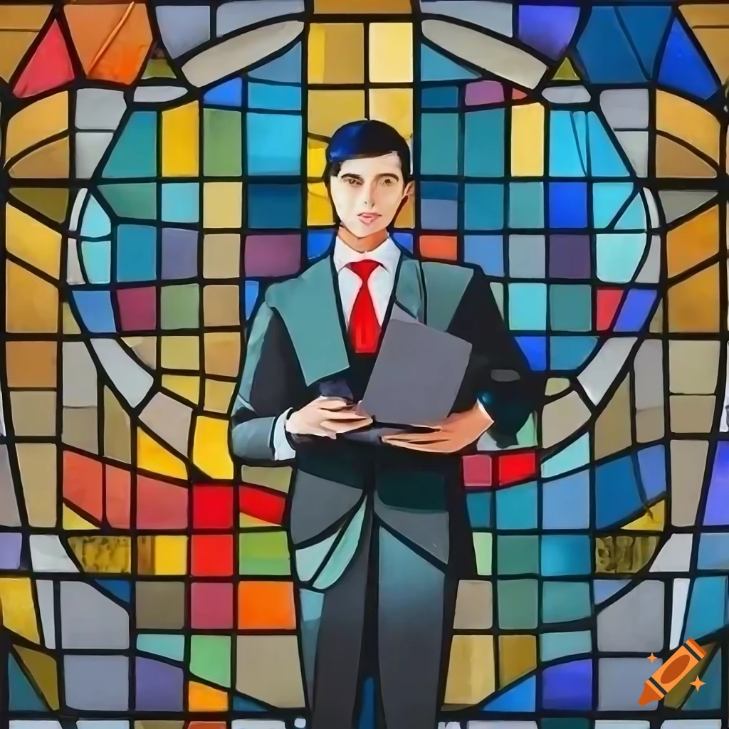 Stained glass window depiction of business man and woman in Google art ...