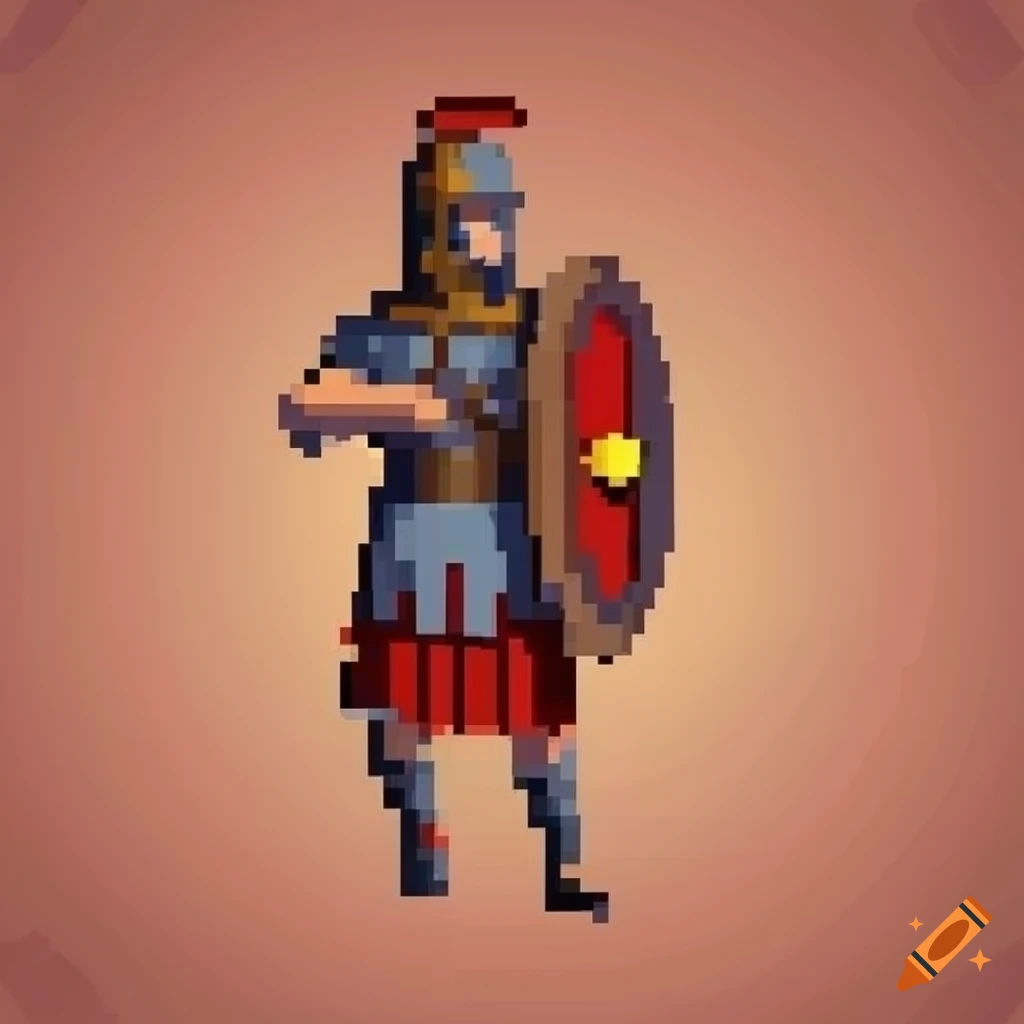 Pixel art Roman soldier with sword and shield in isometric view on Craiyon