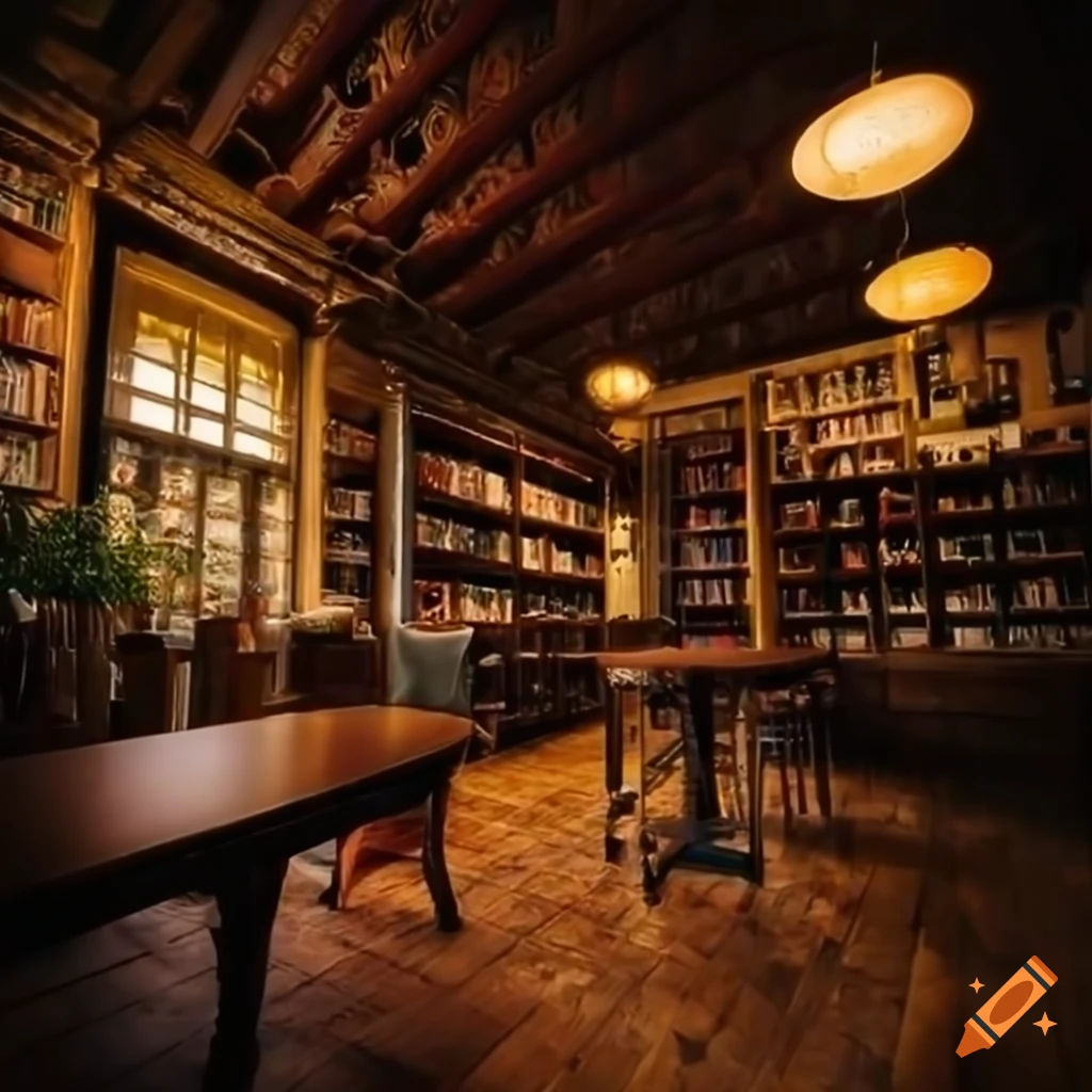 High-quality realistic atmosphere in a cafe-library setting on Craiyon