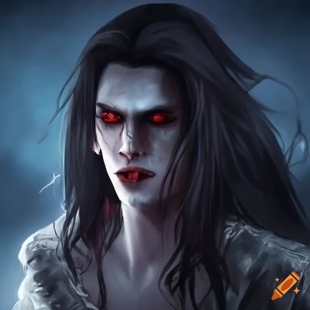 Young handsome vampire with black hair and red eyes using lightning as ...