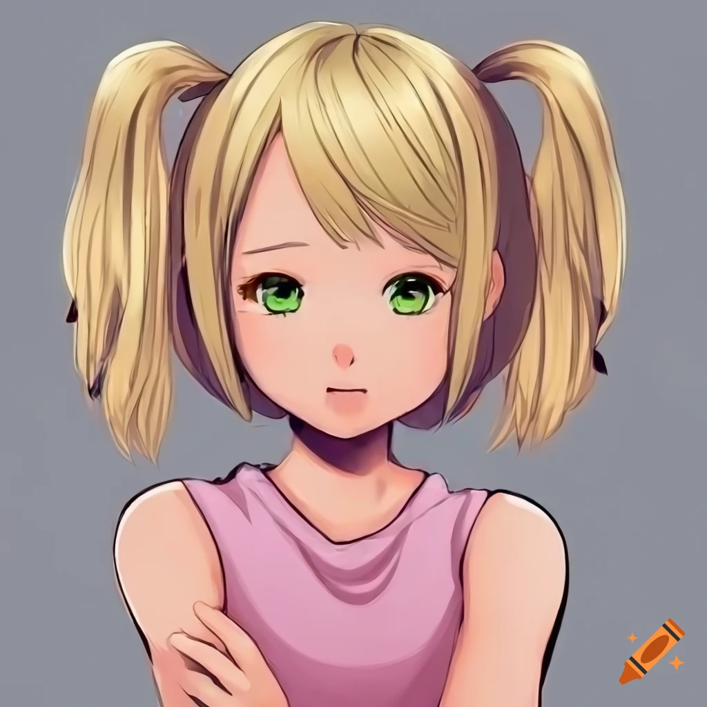 Anime Girl With Blonde Hair And Green Eyes In A Pink Sleeveless T Shirt