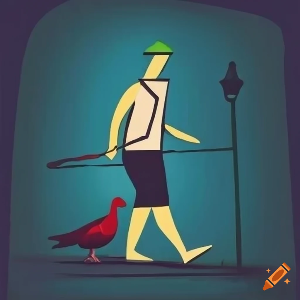 Cubist-style man walking with pigeon in vibrant park on Craiyon