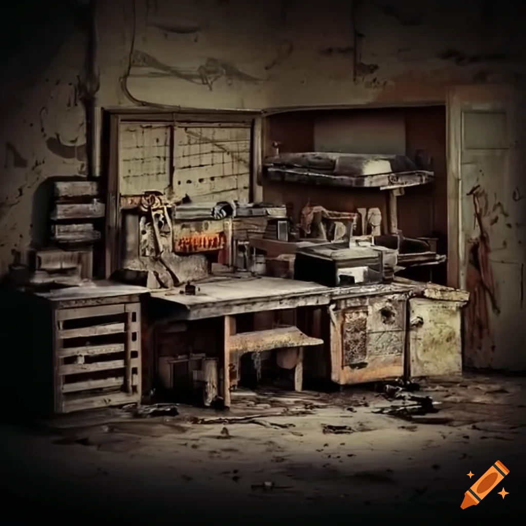 Post-apocalyptic garage with workbench on Craiyon