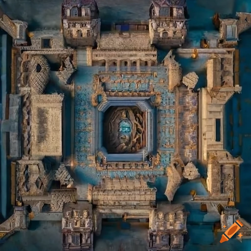 Aerial view of a dwarven fortress with a big courtyard below on Craiyon