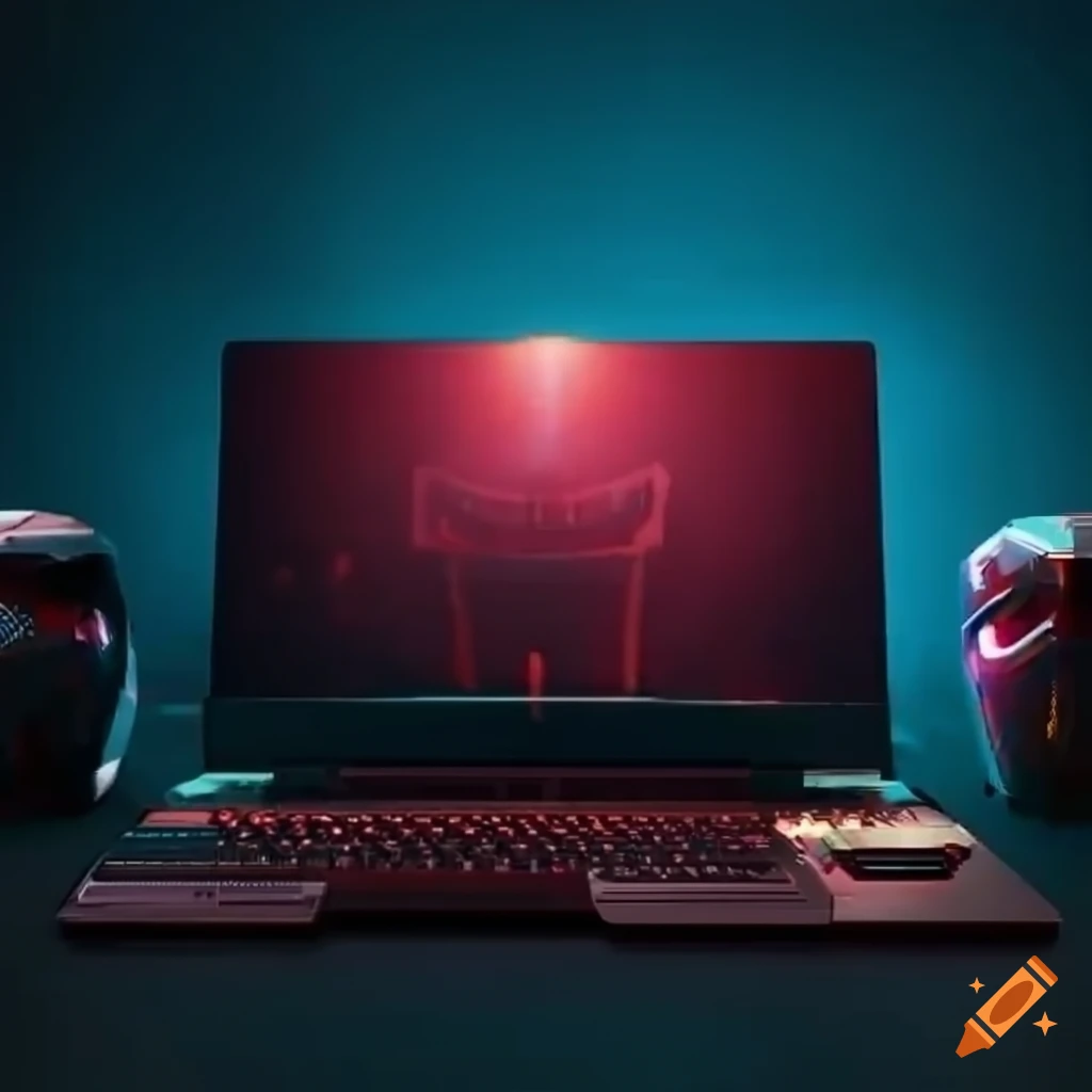 Gaming laptop in futuristic setting on Craiyon