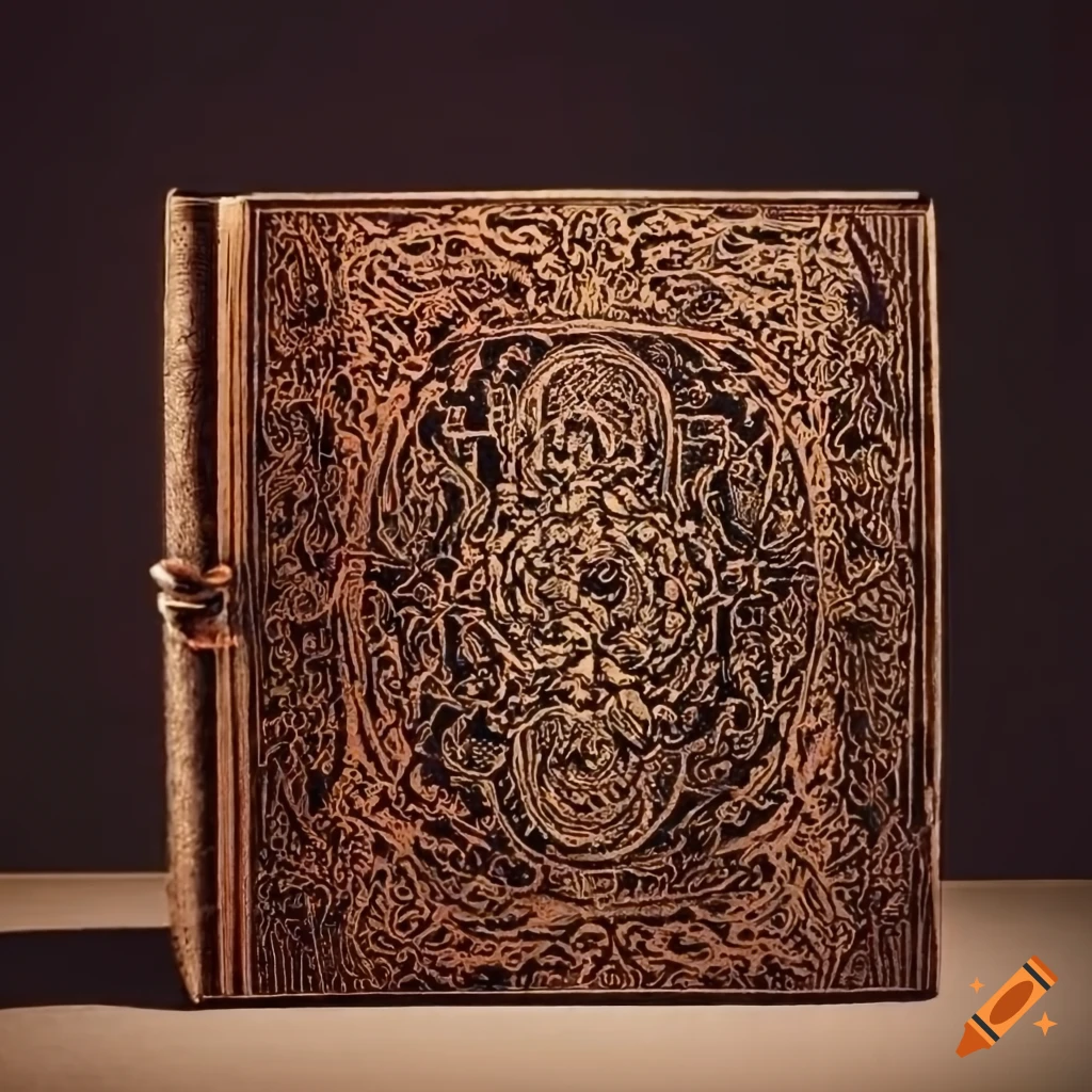 Intricate woodcut of a leather bound book titled wikipedia on Craiyon