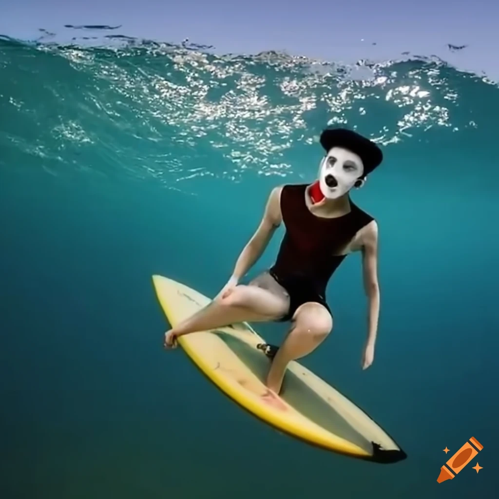French mime surfing on a wave with detailed facial expressions on Craiyon