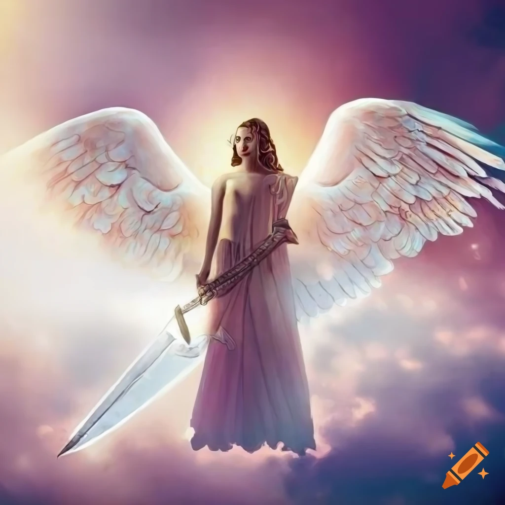 Angelical figure with a sword and heavenly shield under a divine sky on ...