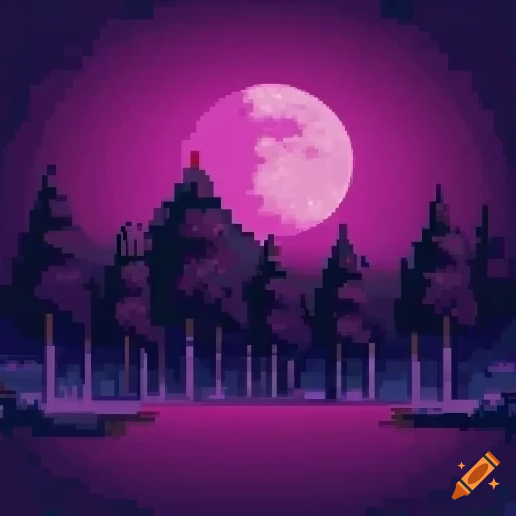 Pixel art of a magical lush forest landscape at moonrise with deep red ...