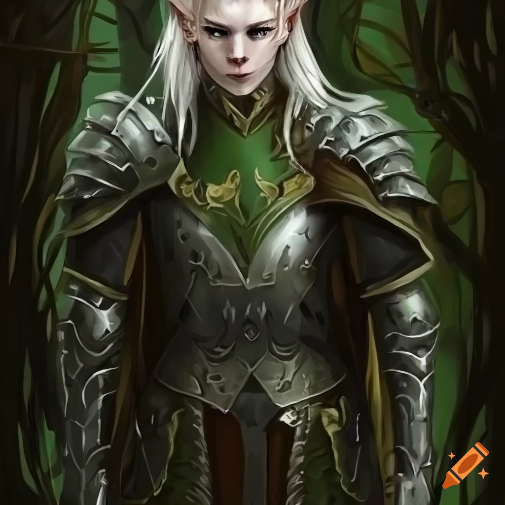 Elf general with long blond hair and silver armor holding a spear in a ...