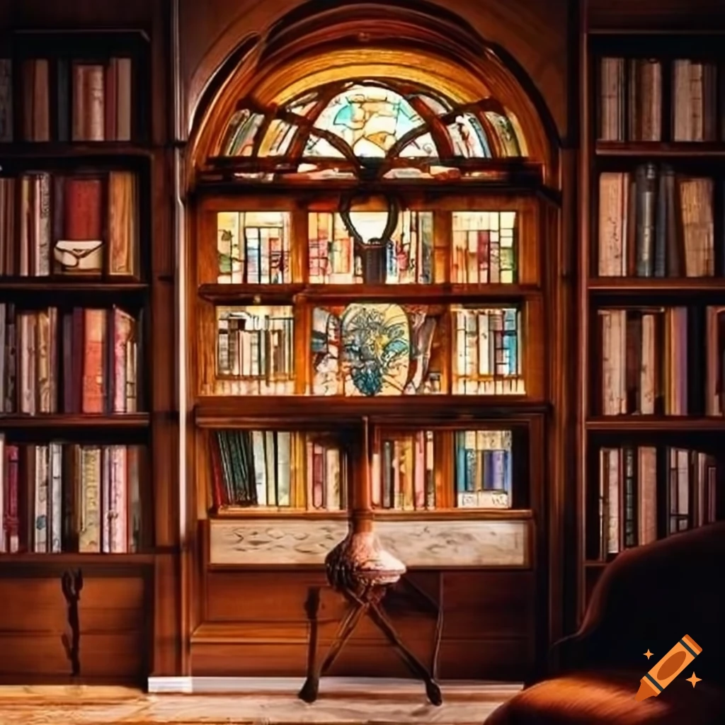 Stained-glass bookshelves in a cozy library on Craiyon