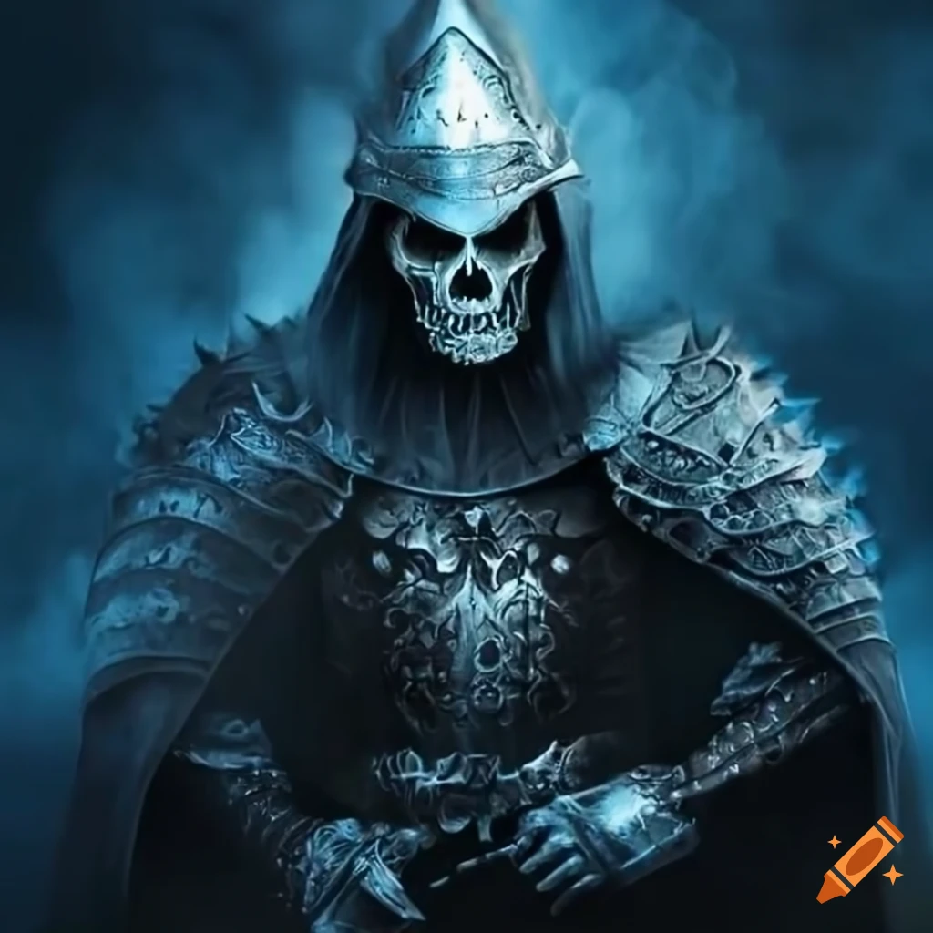 Dark and intriguing villain in mystical blue smoke and fire armor on ...