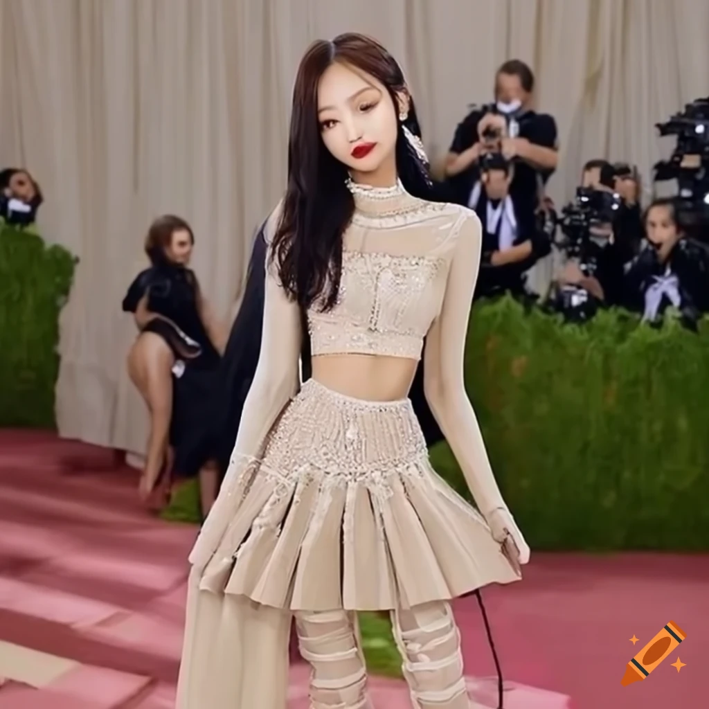 Blackpink Jennie in MET Gala beige and amber theme outfit on Craiyon