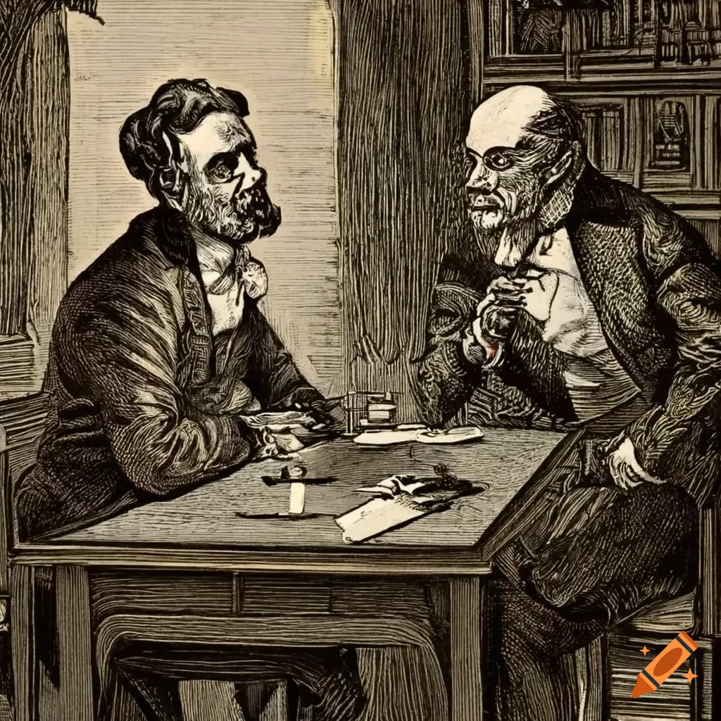 Victorian gentlemen in a boardroom in a detailed woodcut drawing on Craiyon