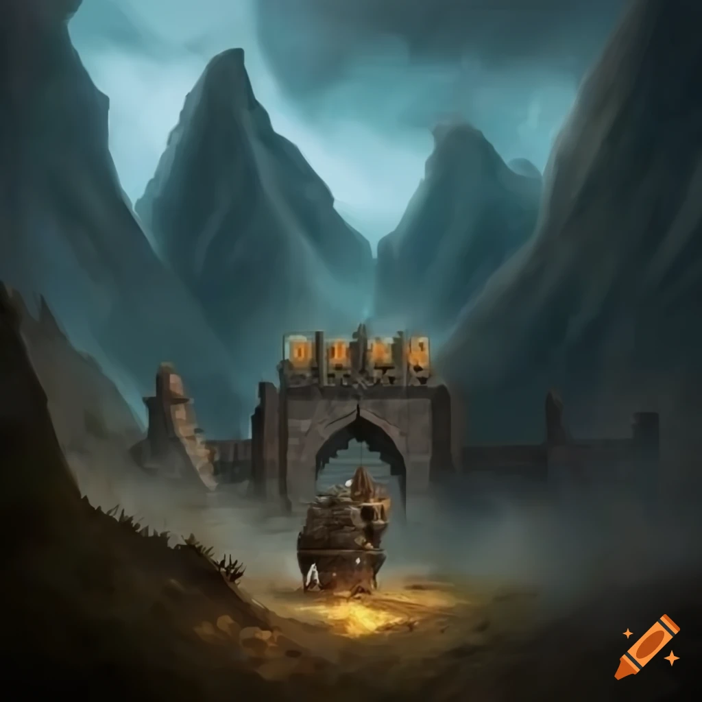 Closed dwarven gate in a stormy mountain setting on Craiyon