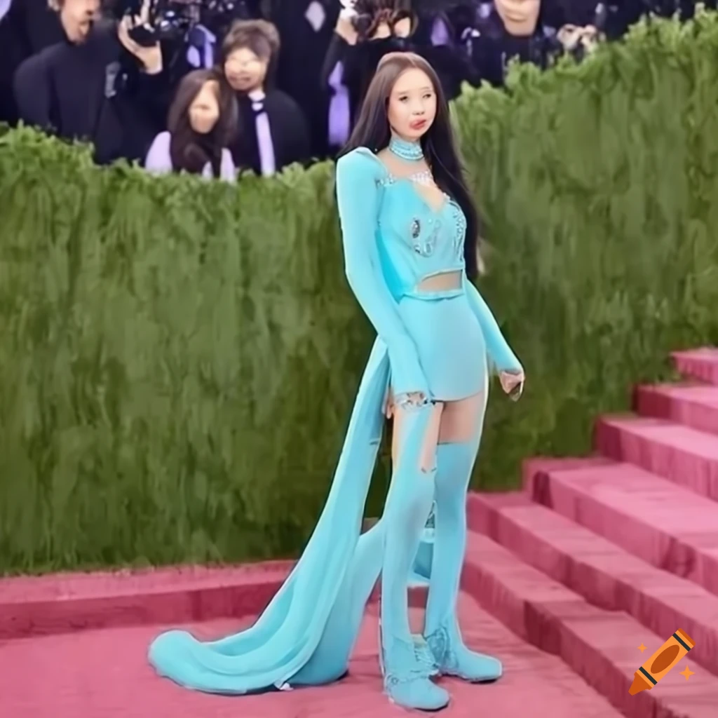 Blackpink jennie in azure & turquoise met gala outfit on Craiyon