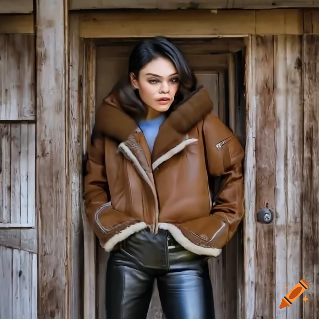 Actress Mila Kunis lookalike in a sheepskin bomber jacket and leather trousers standing in a ...