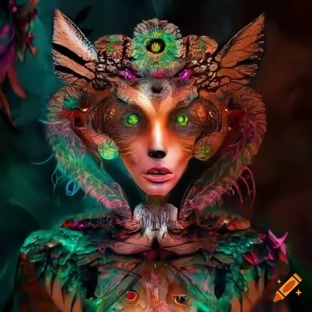 Biopunk Cyborg red fox goddess in a captivating forest setting on Craiyon