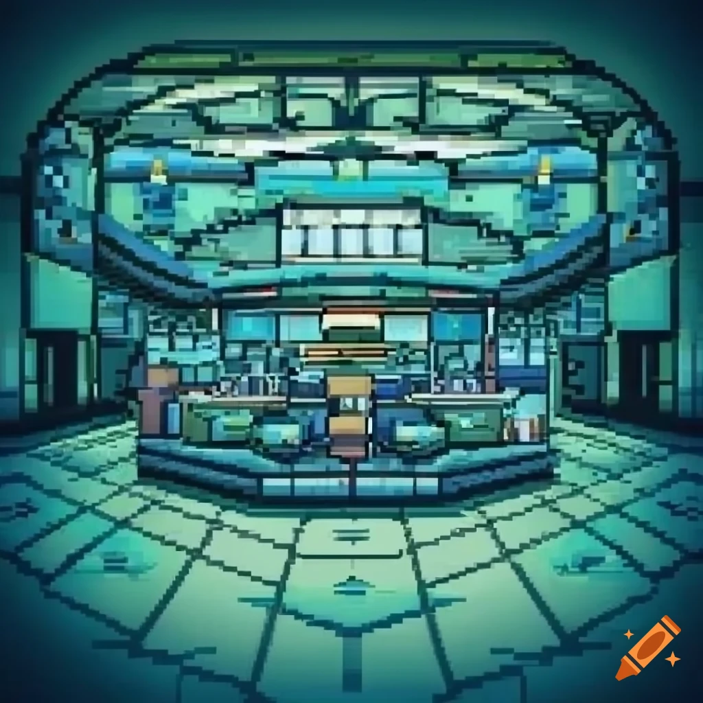 8-bit bakery inside a main railway station with a small space on Craiyon