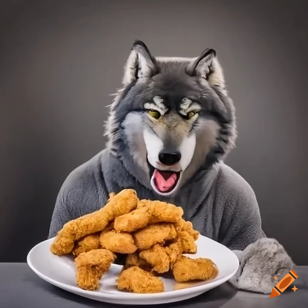 Minnesota timberwolf mascot eating chicken nuggets on Craiyon