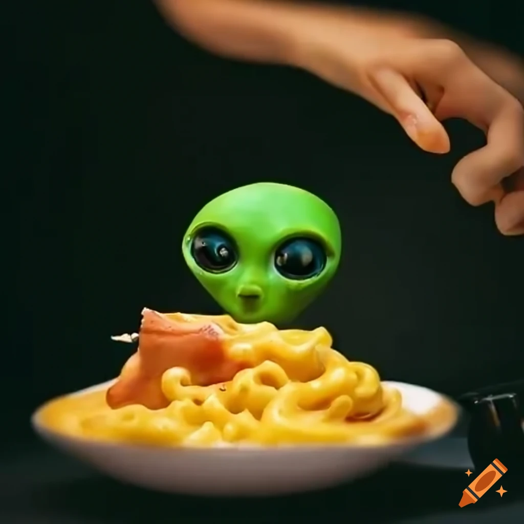 Funny green alien enjoying macaroni and cheese on Craiyon