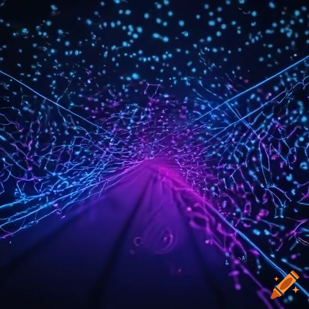 Swarm of particles forming a neon-light net in high definition on Craiyon