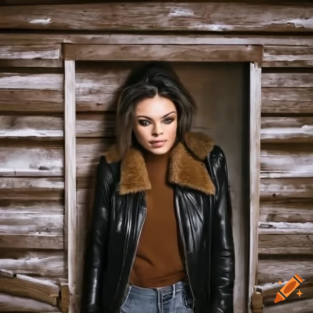 Actress Mila Kunis lookalike in a sheepskin bomber jacket and leather trousers standing in a ...