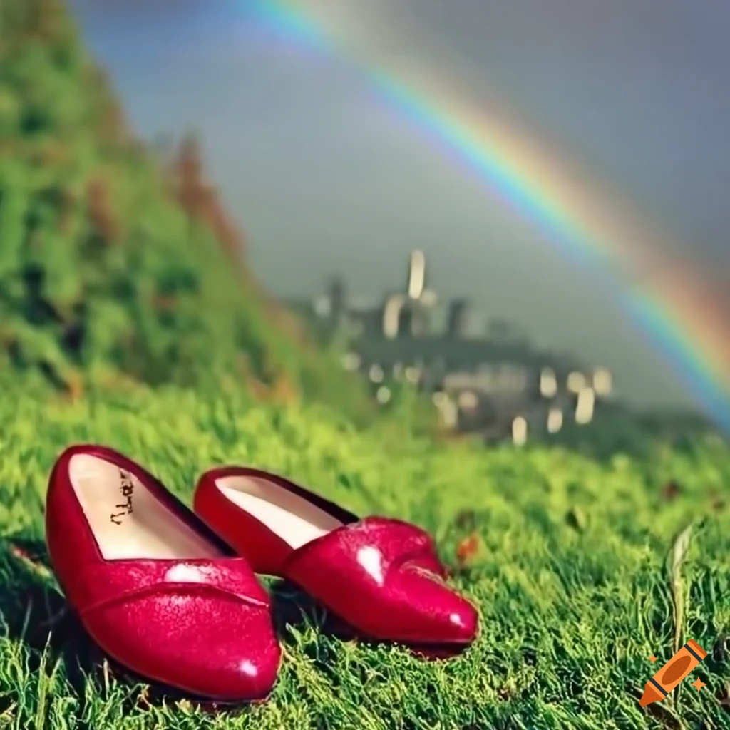 Iconic ruby slippers on green grass with emerald city and rainbow in ...
